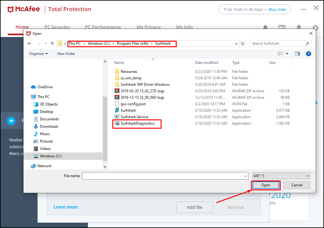 How to make an exception for Surfshark in the McAfee antivirus settings ...